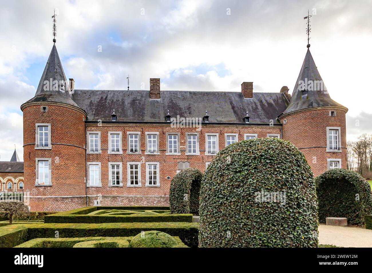 Landscape of magnificent 16th century Alden Biesen castle, windows ...
