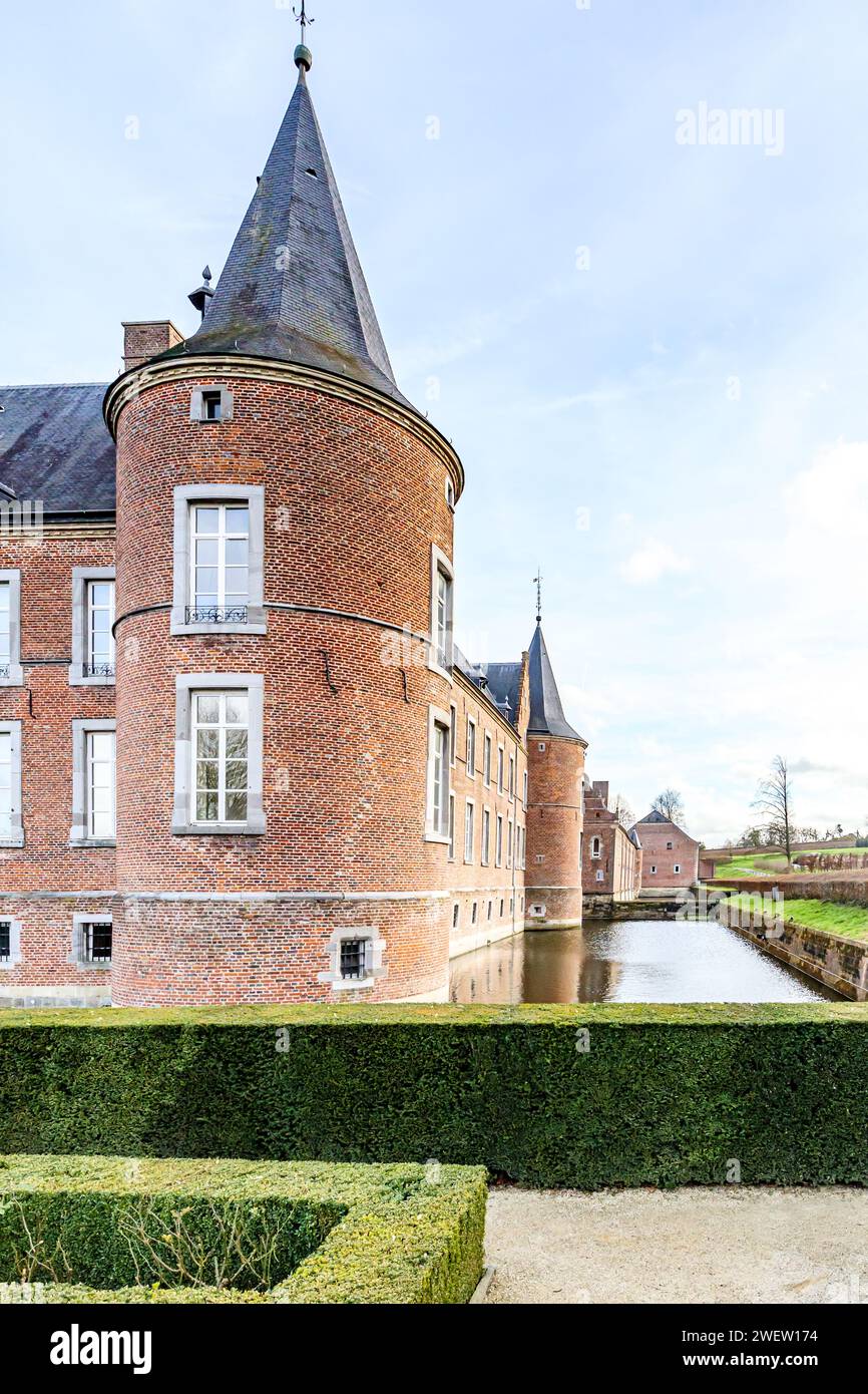 Circular tower of 16th century Alden Biesen castle surrounded by the ...