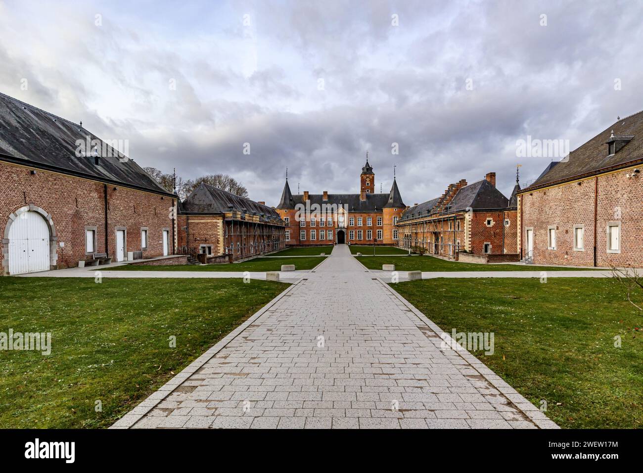 Rear exterior patio with straight cobbled path towards Alden Biesen ...