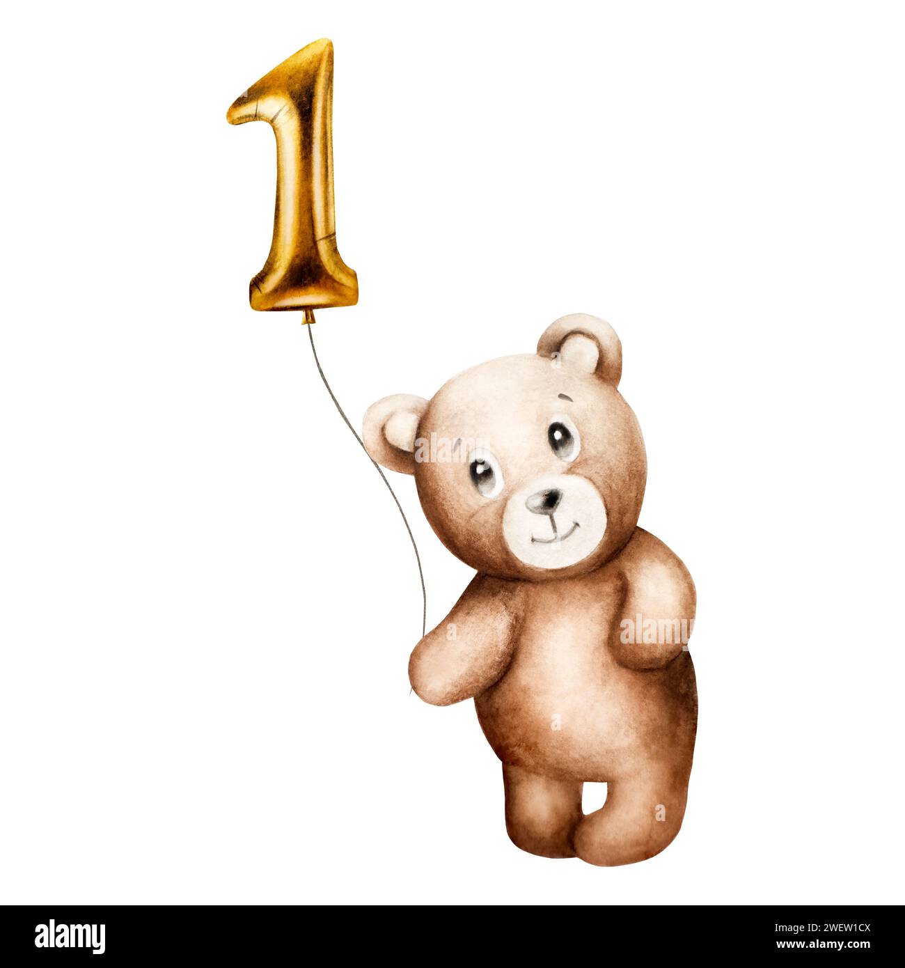 Watercolor cute cartoon teddy bear with golden foil balloon number 1 on ...