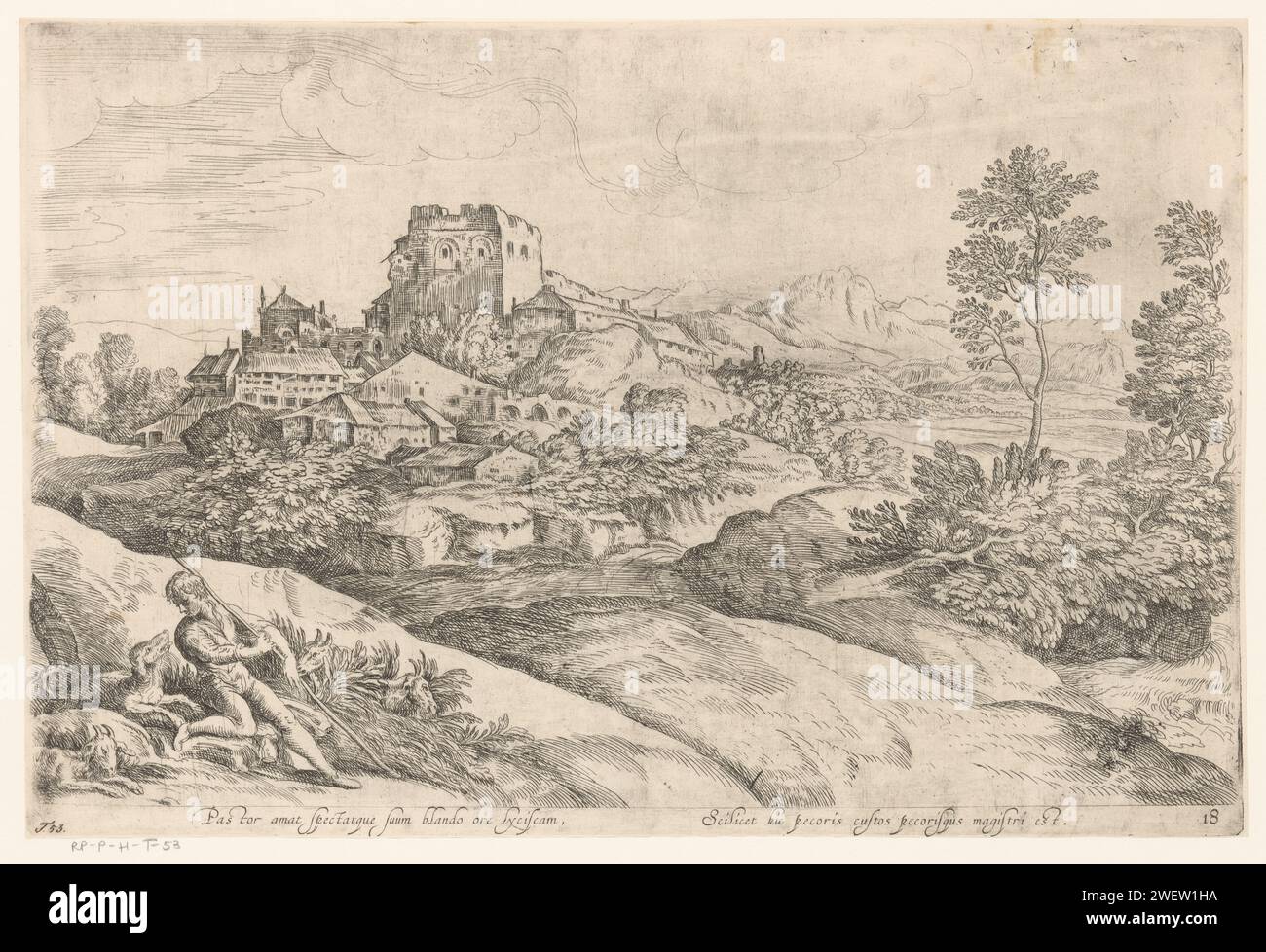 Landscape with settlement and a shepherd, anonymous, After Domenico Campagnola, After Titian, c ...