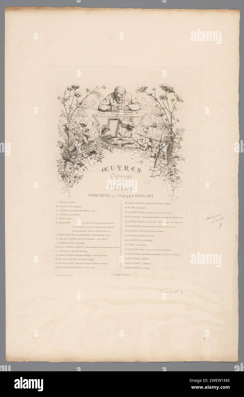 Etser at work surrounded by fantasy scenes, Maurice Leloir, widow ...