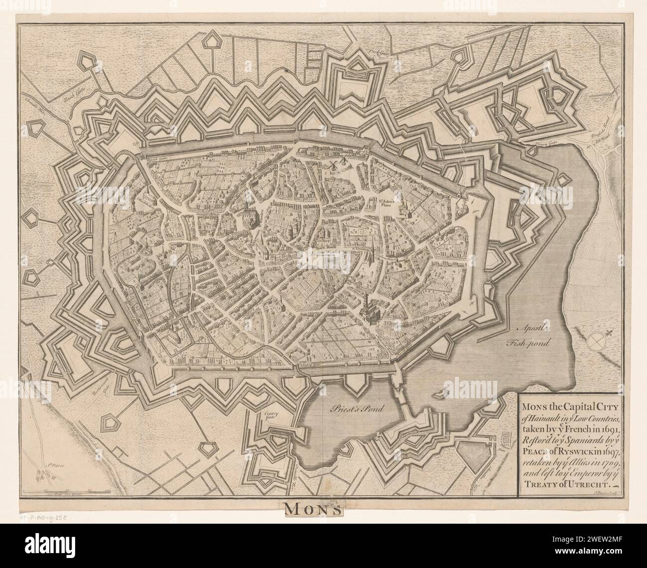 Map of Bergen (Mons), Isaac Basire, 1751 - 1762 print Map of Mons ...