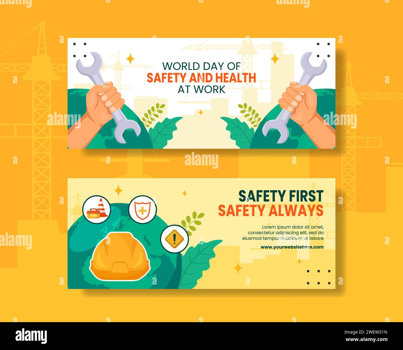 Safety and Health at Work Day Horizontal Banner Cartoon Templates ...