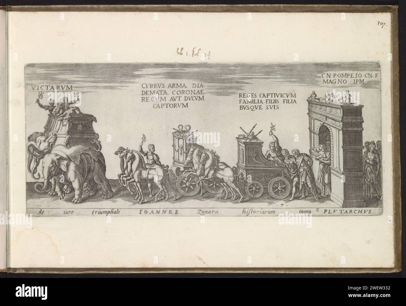 Triumph procession with elephants, triumph cars and a triumphal arch ...