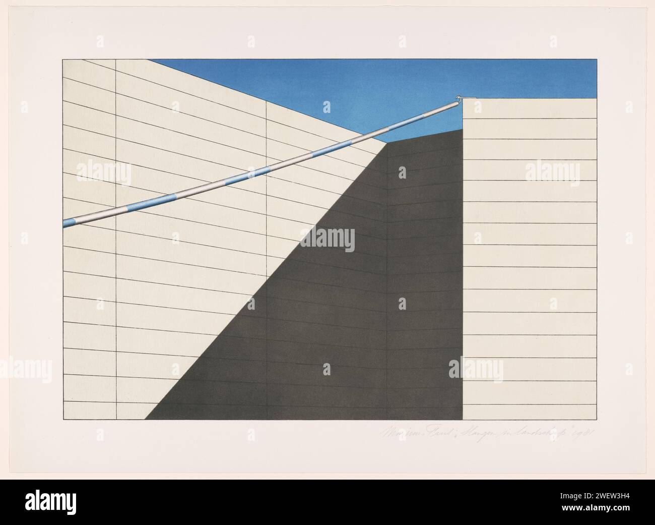 Snakes in Landschap, Marinus Fuit, 1981 print High white fence with a ...