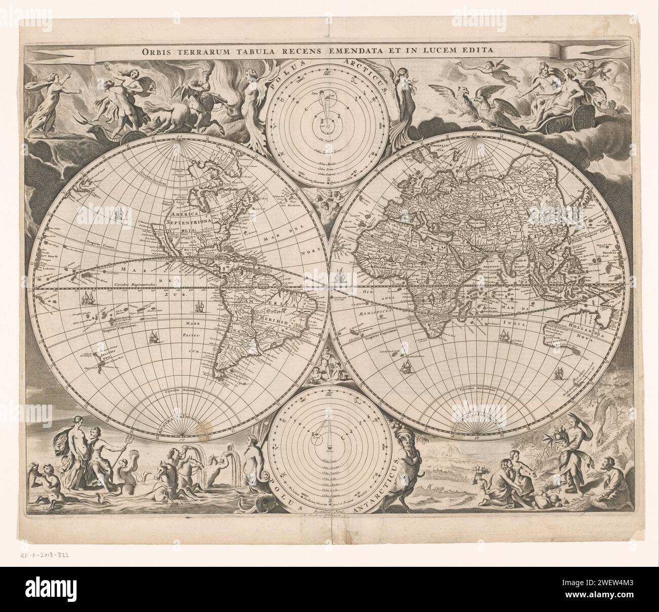 World map with allegory on the four elements, Bastiaen Stopendael, 1682 ...