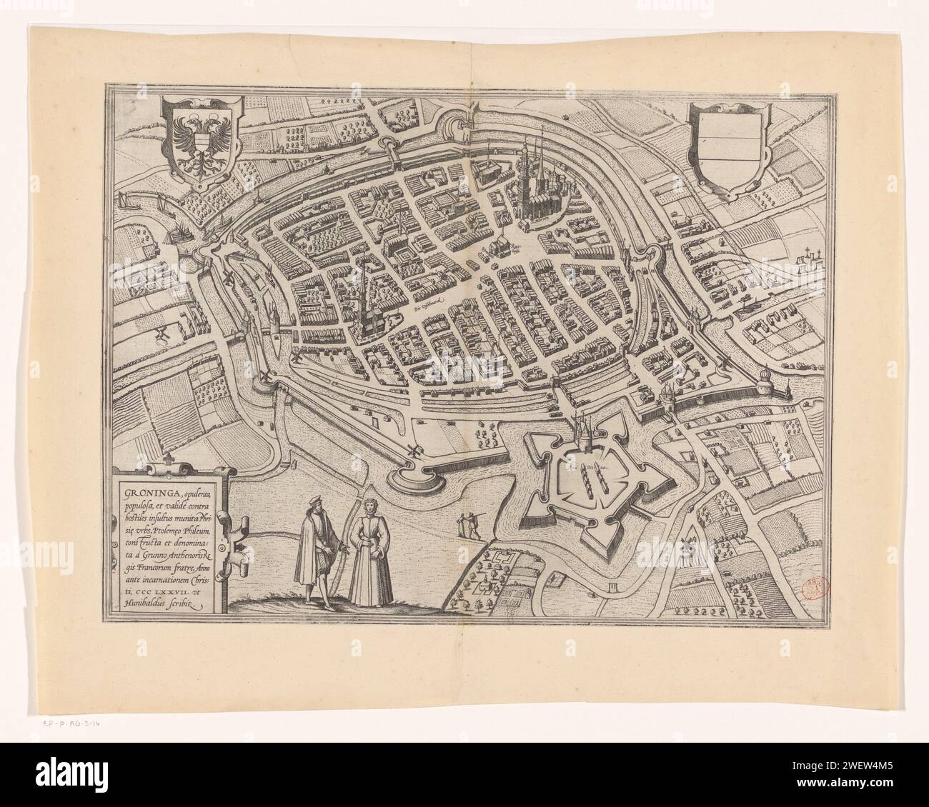 Map of the city of Groningen, Frans Hogenberg, 1657 print Map in a nutshell perspective. At the ...