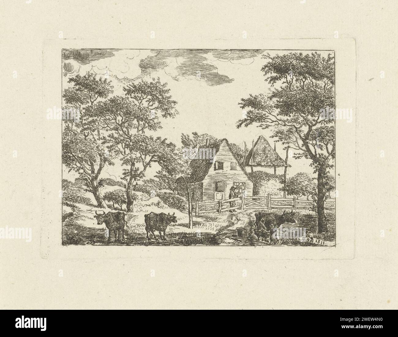 Landscape with farm and cows in Weiland, Jan van Delden, 1811 print ...