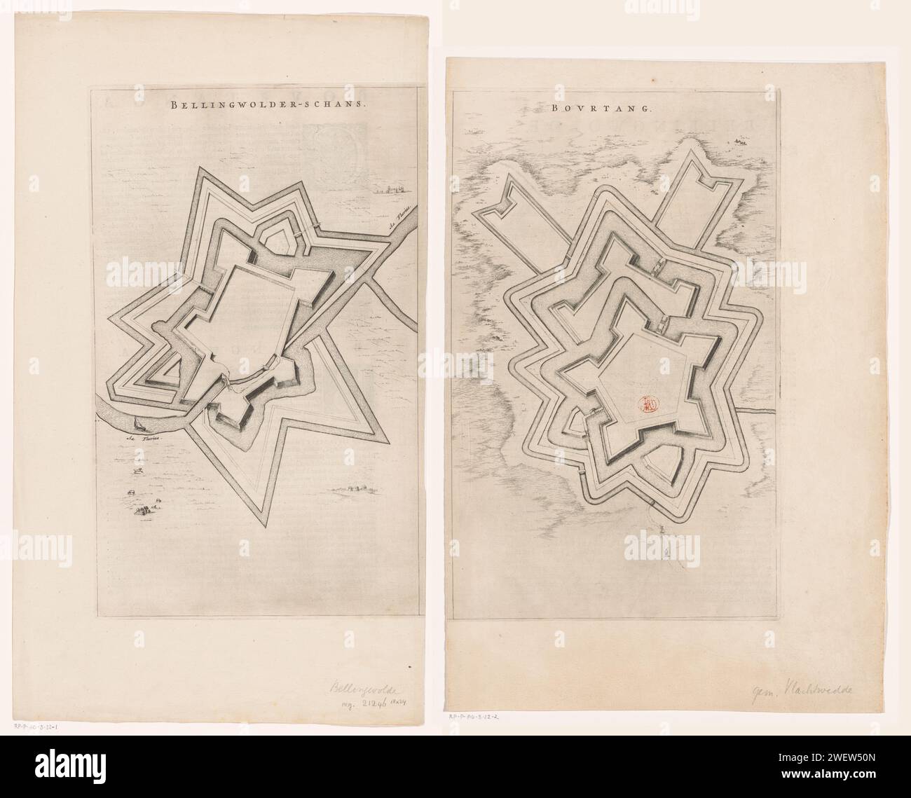 Fortress maps of Oudeschans and Bourtange, Anonymous, 1652 print On the ...