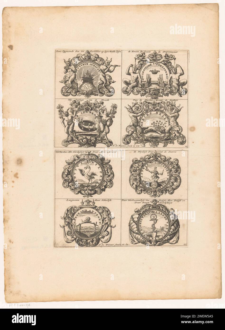 Emblemata with crowns, a lion and ostrich, Anthonie de Winter, 1697 ...