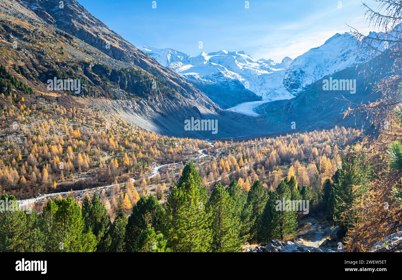 Beautiful view of the Morteratsch Glacier in Engadine, Swiss Alps, on a ...