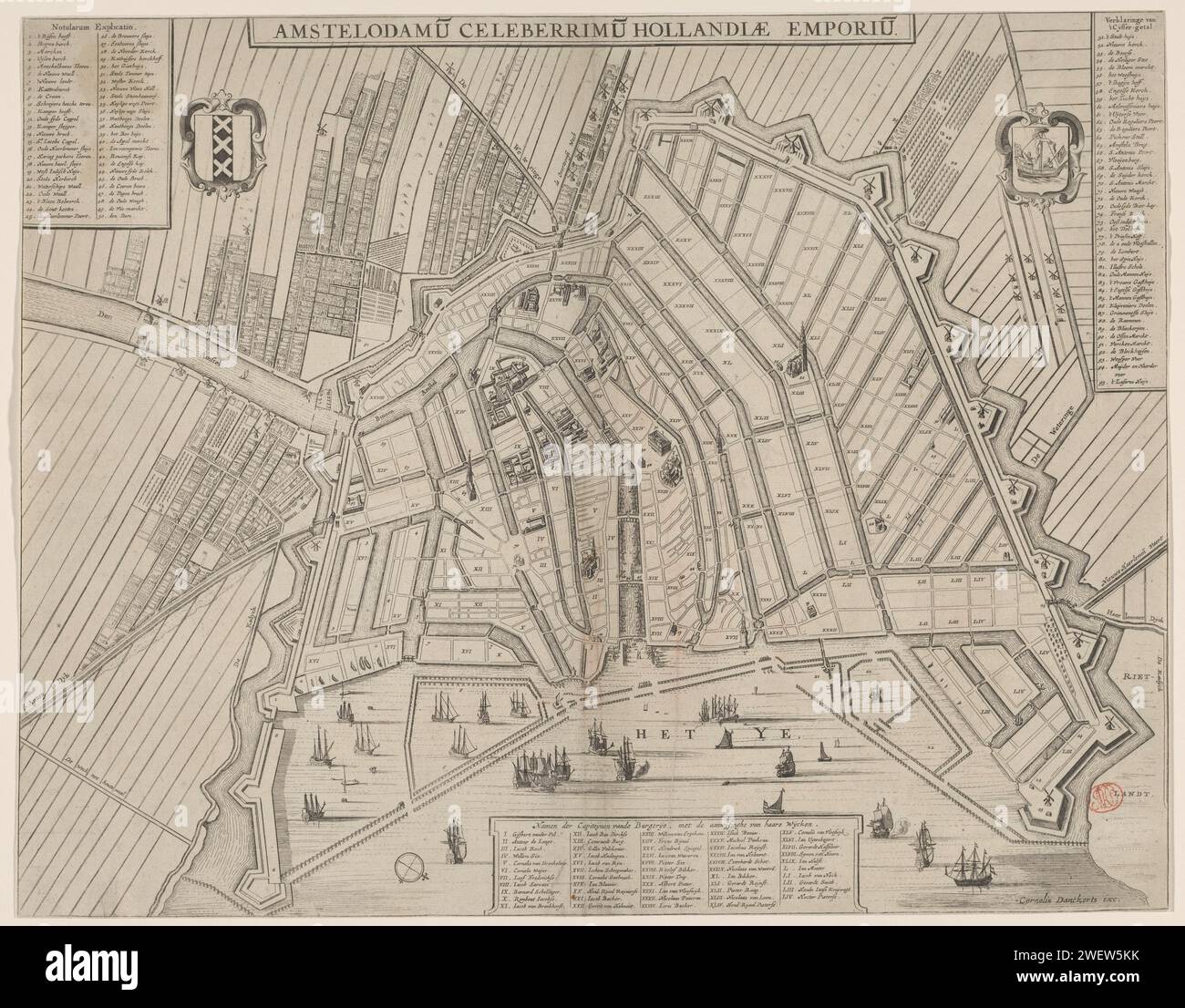 Map of Amsterdam with division into civilian neighborhoods, Anonymous, 1651 - 1656 print Map of ...