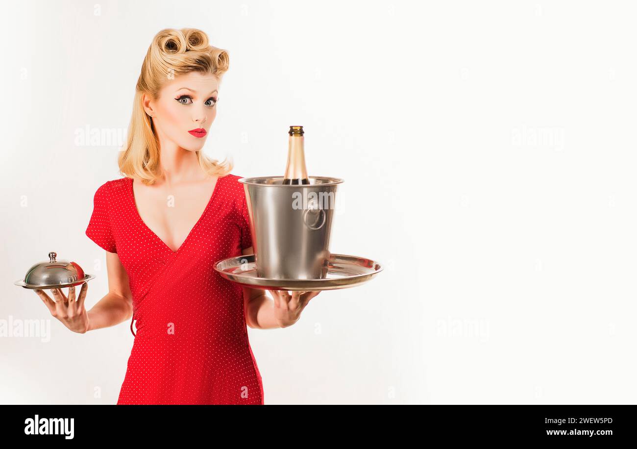 Pin up waiter with champagne and service tray. Restaurant serving ...