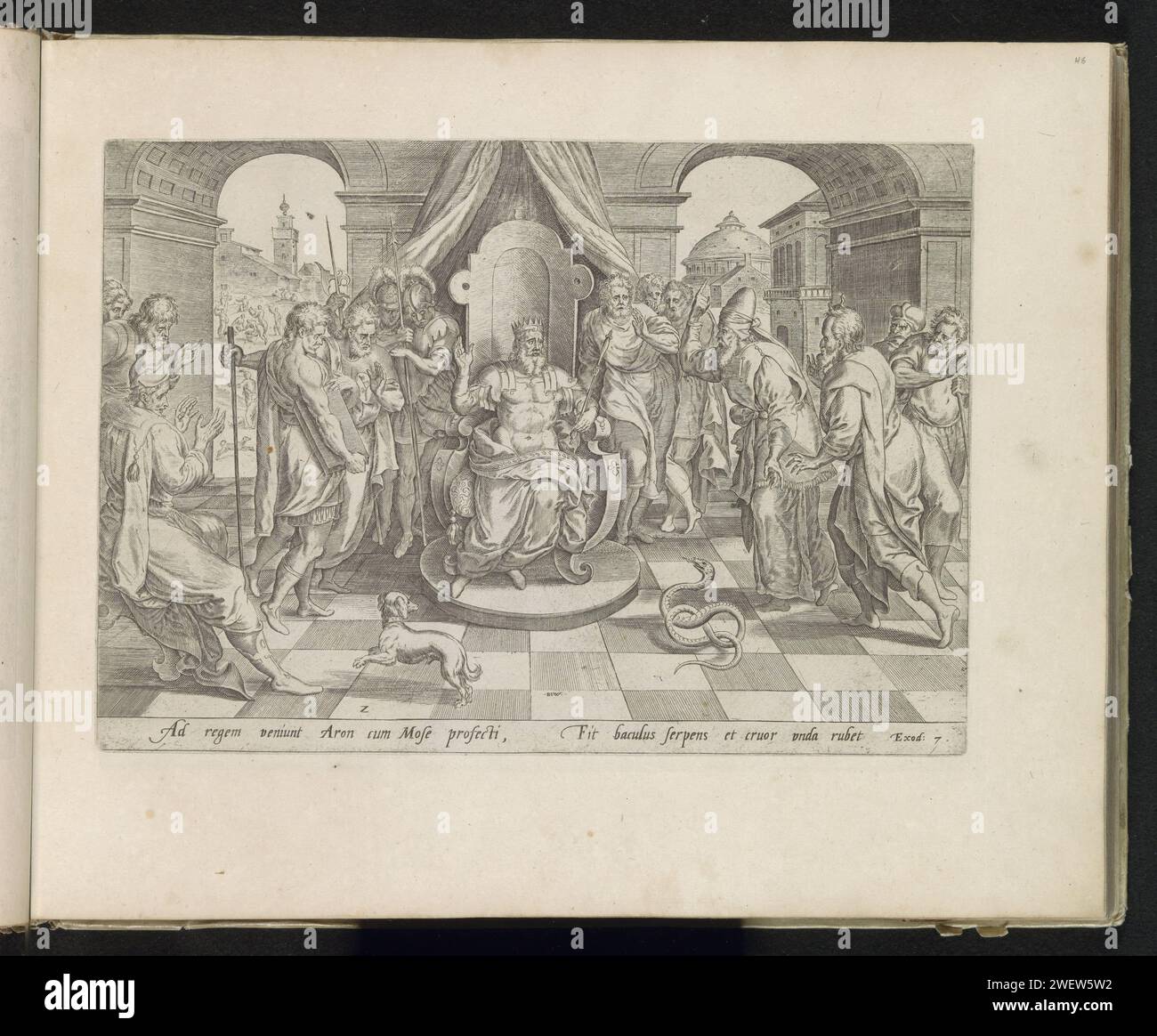 Mozes and Aaron at Pharaoh, Johannes Wierix, after Marten van Cleve (I), 1585 print Moses and ...