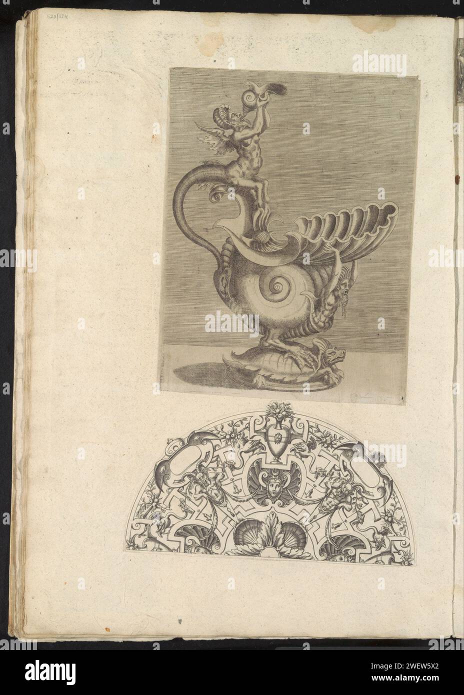 Album magazine with two prints with a jug and an ornamental semicircle ...