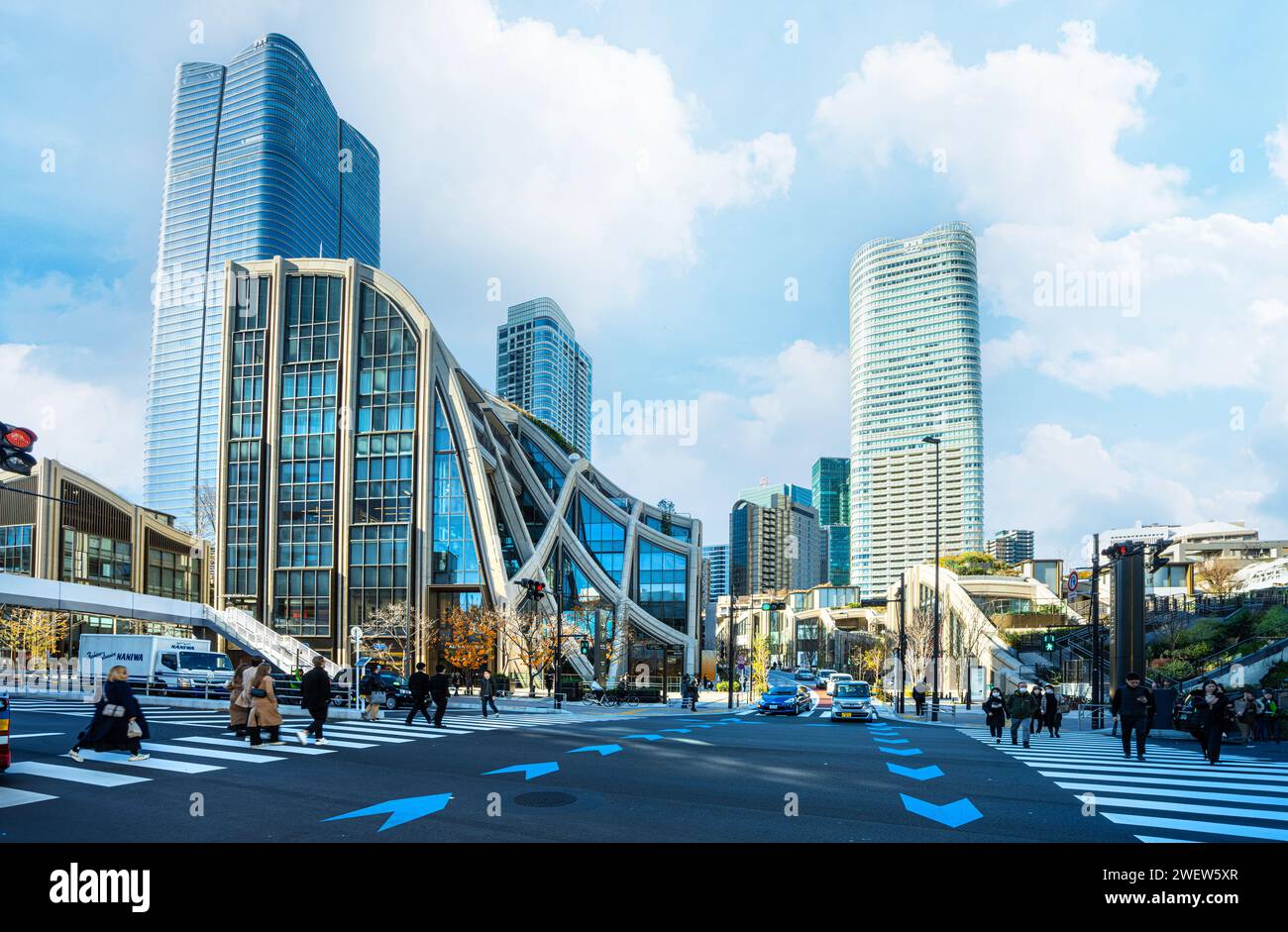 Tokyo, Japan. January 9, 2024. exterior view of Azabudai Hills Garden Plaza shopping mall in the ...
