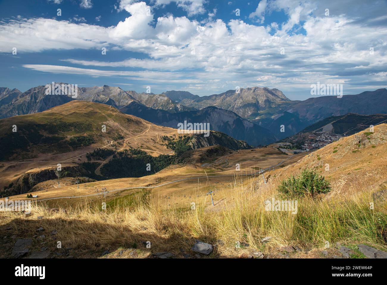 Panoramic view of the mountains from the Alpe d'Huez resort in Savoie ...
