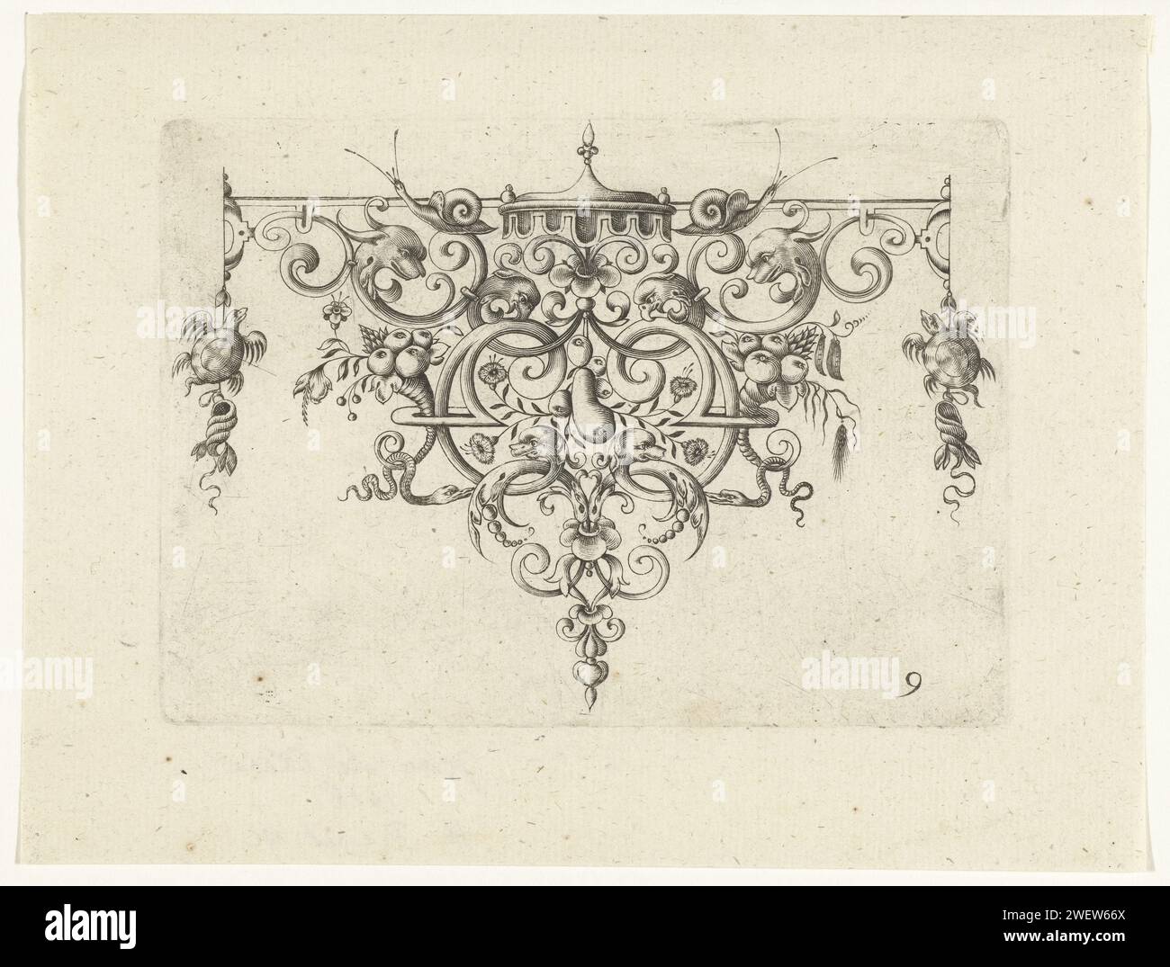 Edge ornament with canopy, 1618 print paper engraving Stock Photo - Alamy