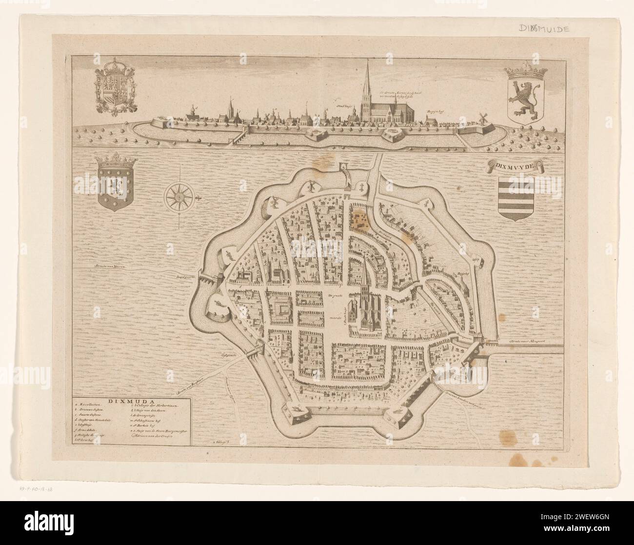 Map of and face on Diksmuide, Reynier Blokhuysen, 1735 print Above a ...
