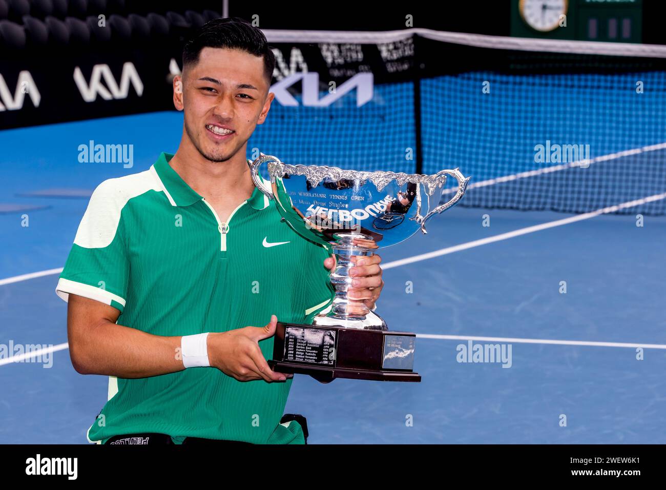 MELBOURNE, VIC - JANUARY 27: Tokito Oda of Japan holds his trophy at ...
