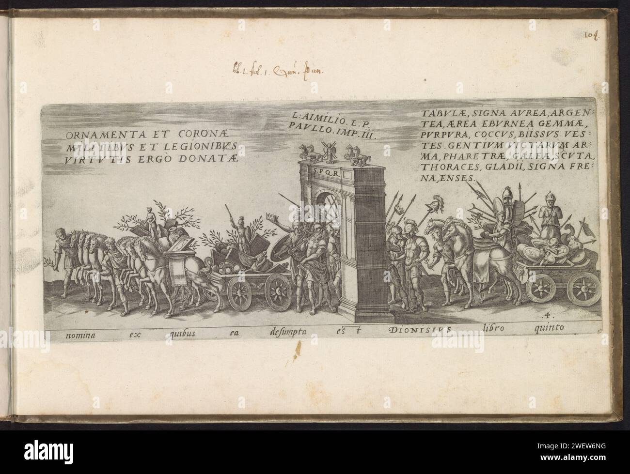 Triumph procession with cars with spoils of war under a triumphal arch ...