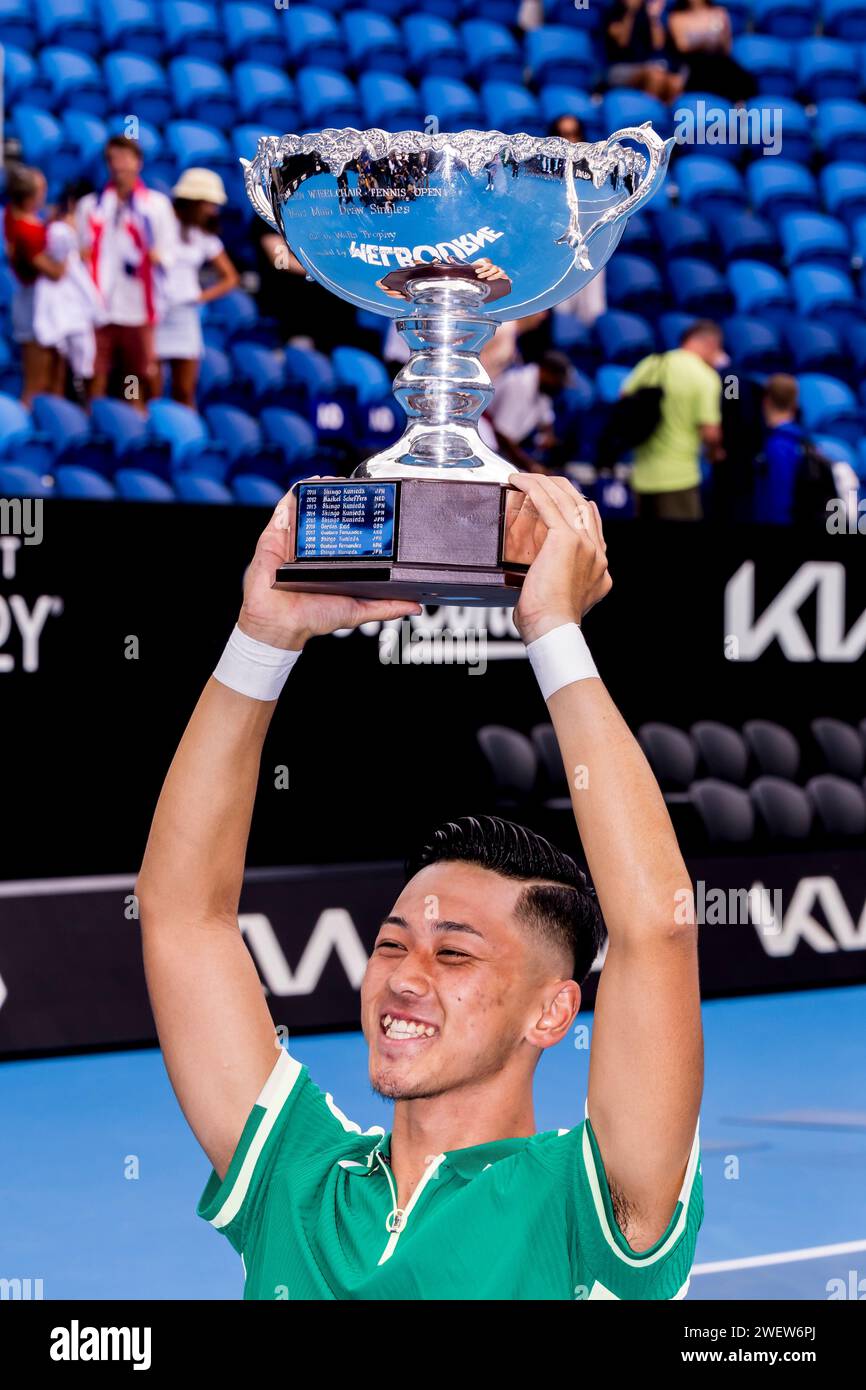 MELBOURNE, VIC - JANUARY 27: Tokito Oda of Japan holds his trophy at ...