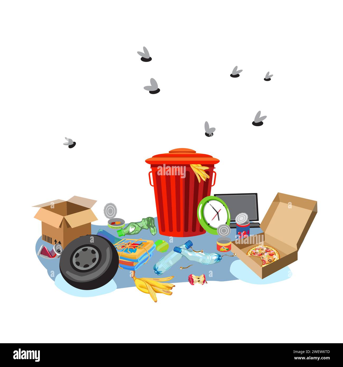 Red trash can with unsorted waste. Empty boxes and cans. Flies over ...
