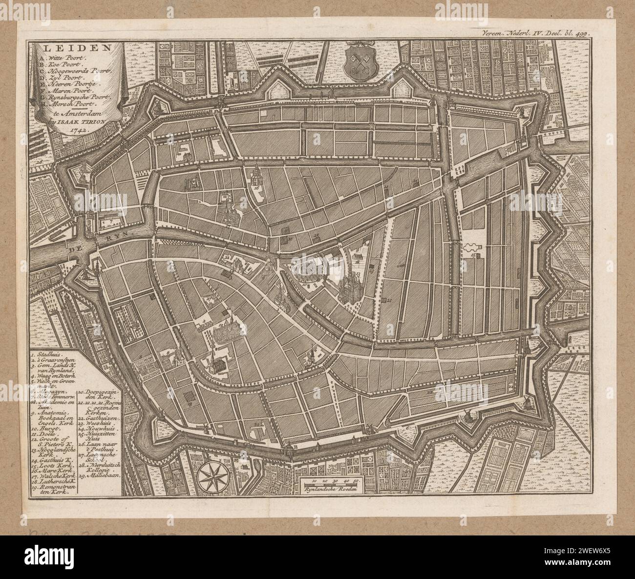 Map of Leiden, Anonymous, 1742 print At the top left: Vereen. Nederl ...
