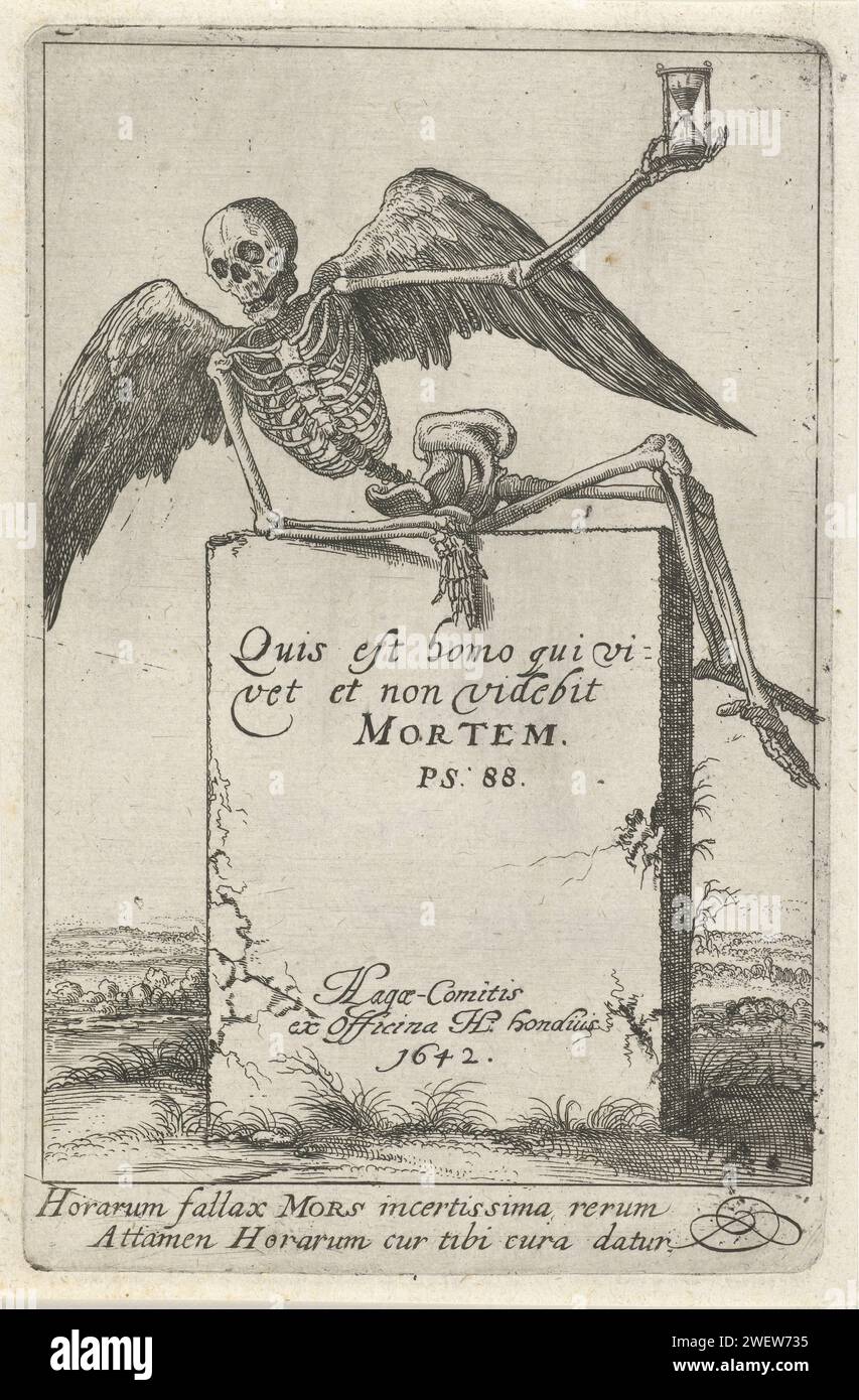 Winged skeleton with hourglass on a tombstone, Hendrick Hondius, after ...