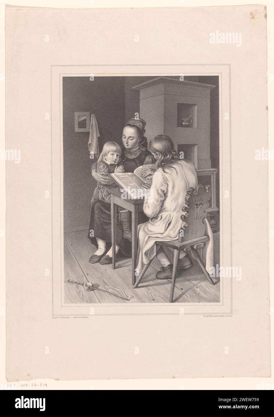 Father reads the Bible to mother and child, 1835 print Farmer's family ...