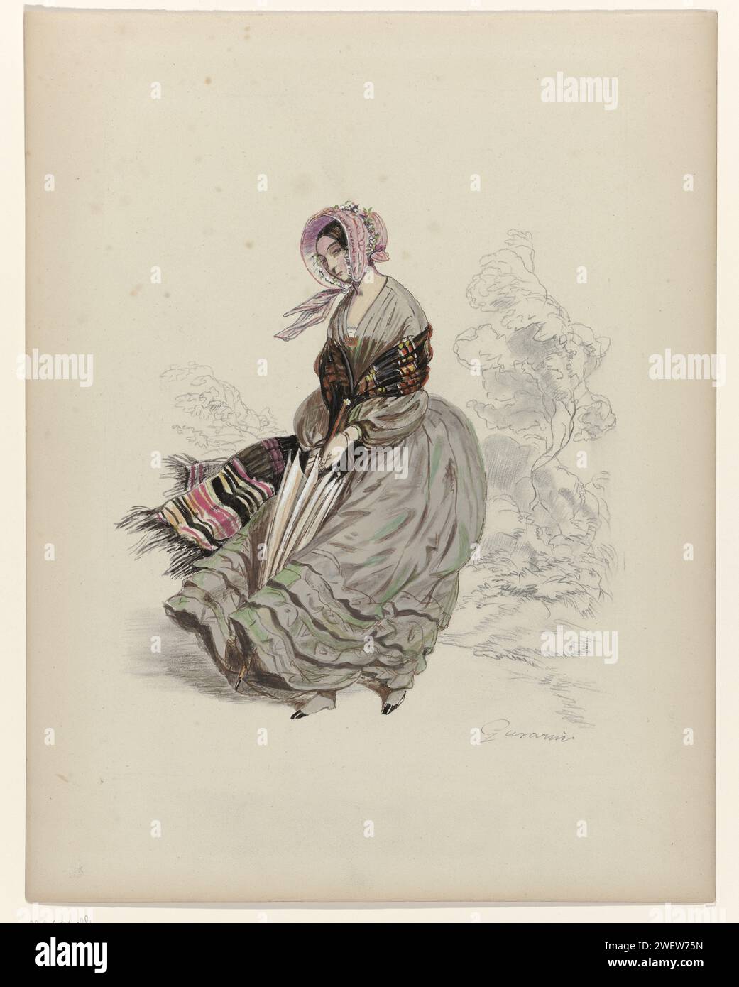 Woman, walking in the wind, with parasol, 1840, in or before 1840 Woman ...