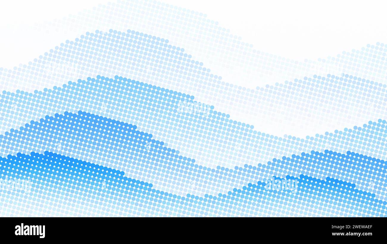 Abstract background of bright blue wavy halftone pattern on white ...