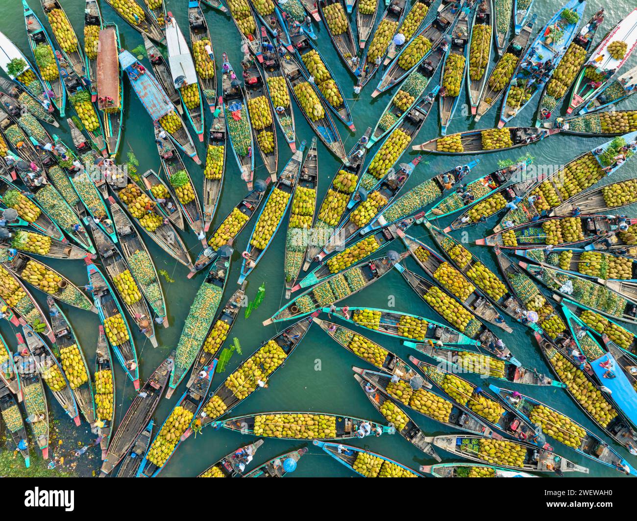 Aerial view of floating market of seasonal fruits on the boats in ...