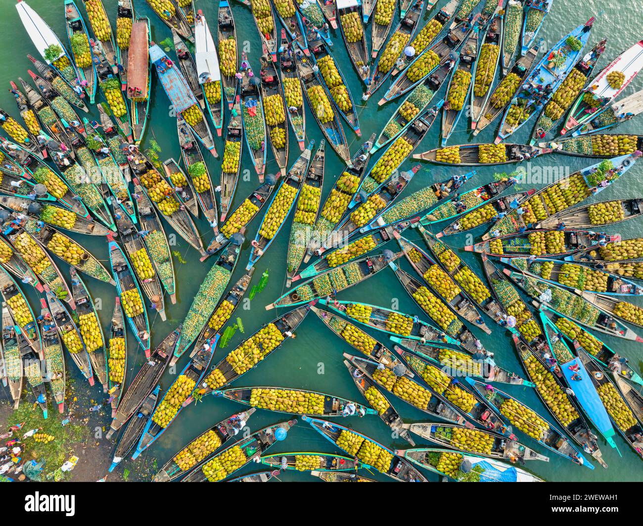 Aerial view of floating market of seasonal fruits on the boats in ...