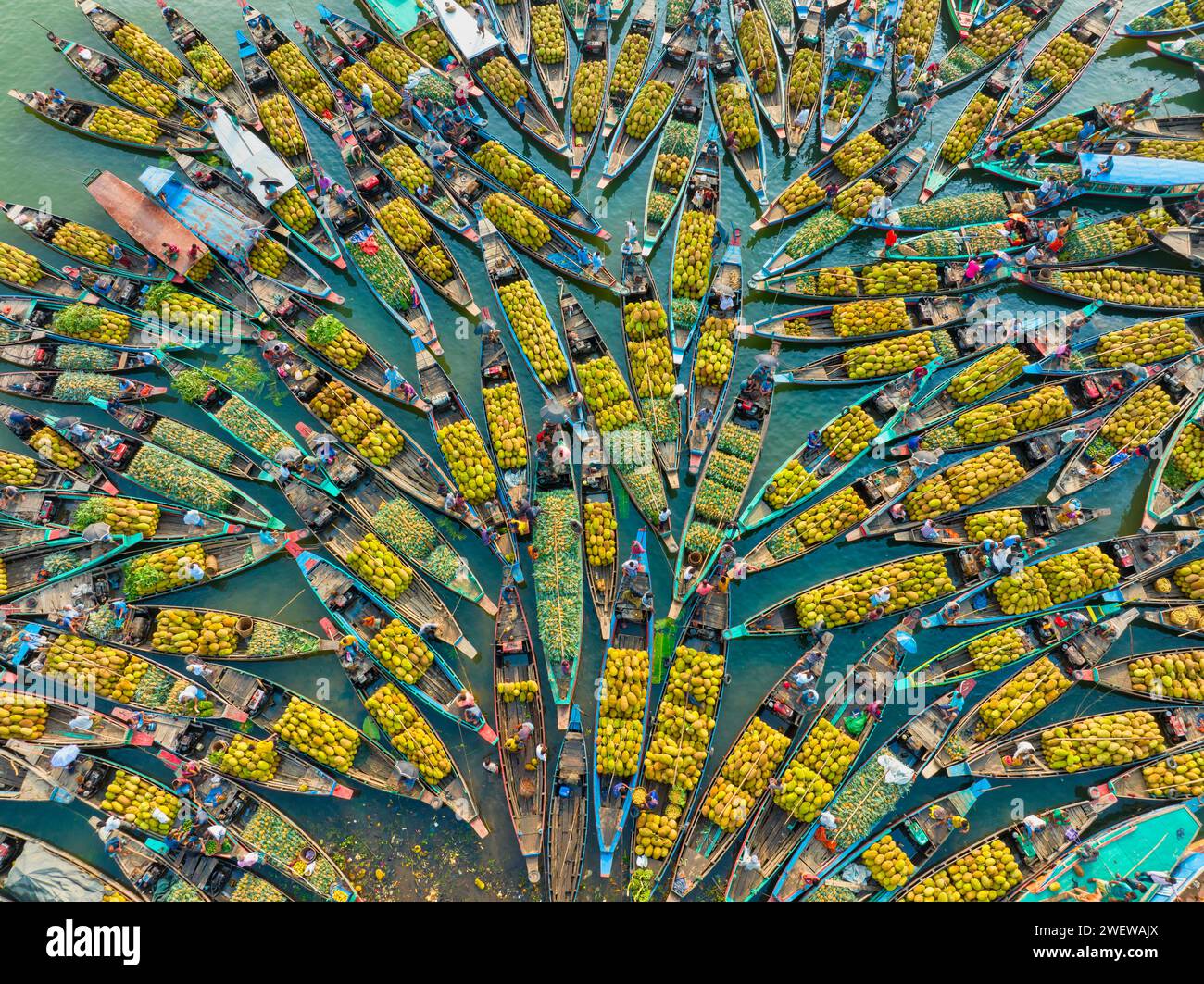Aerial view of floating market of seasonal fruits on the boats in ...