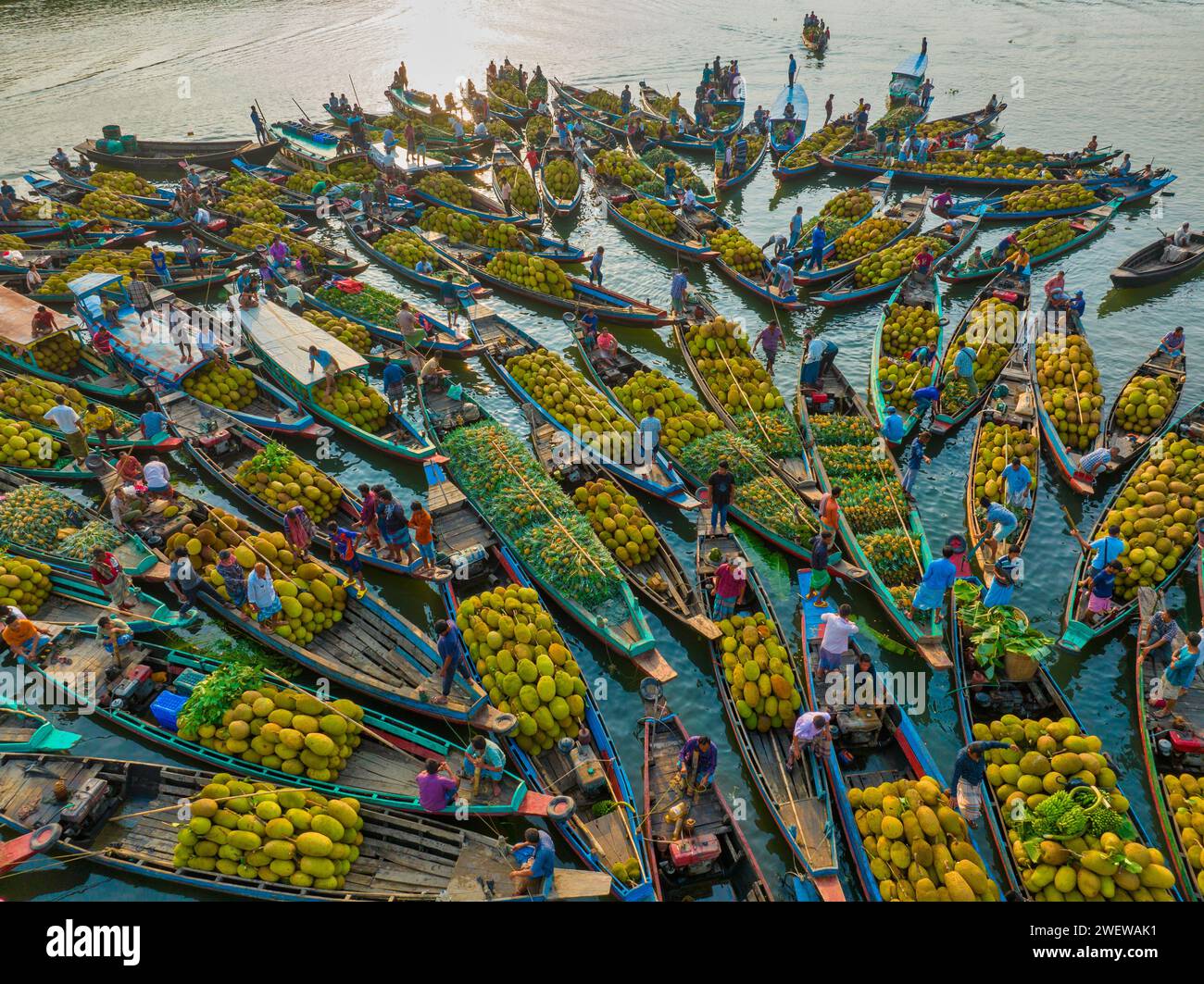 Aerial view of floating market of seasonal fruits on the boats in ...