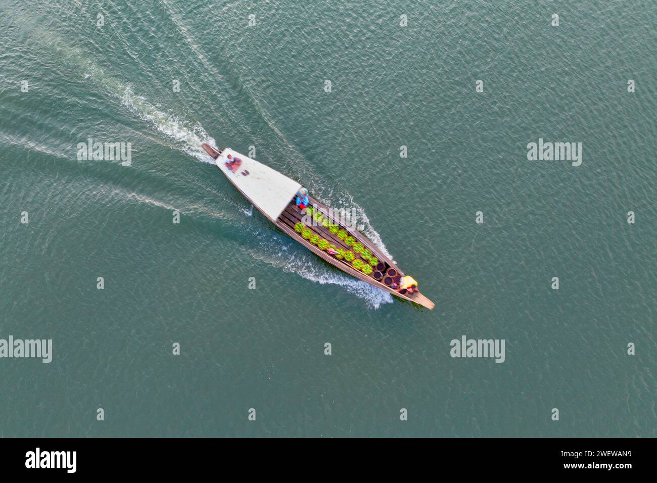 Aerial view of floating market of seasonal fruits on the boats in ...