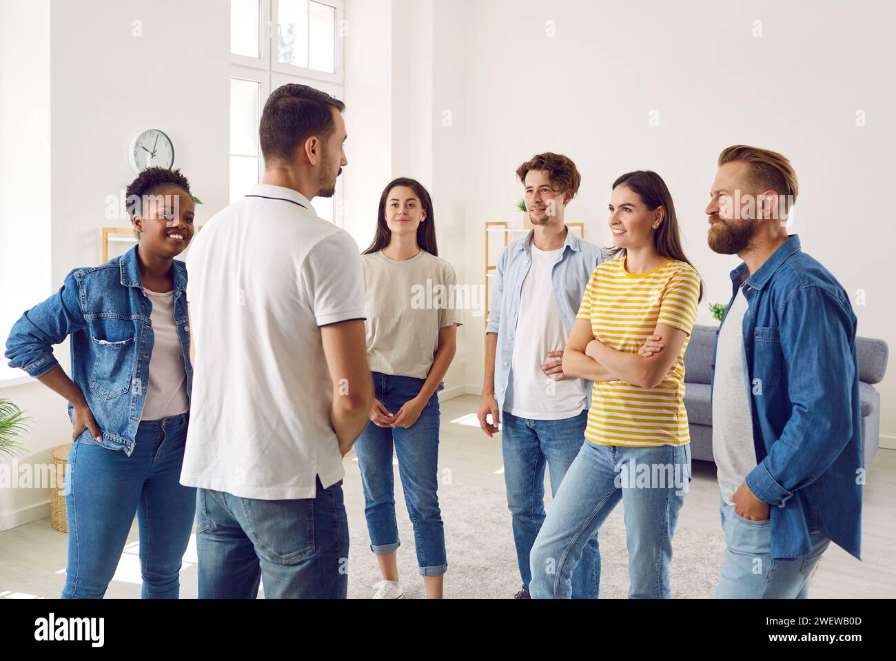 Portrait people group of friends are talking with their friend they ...