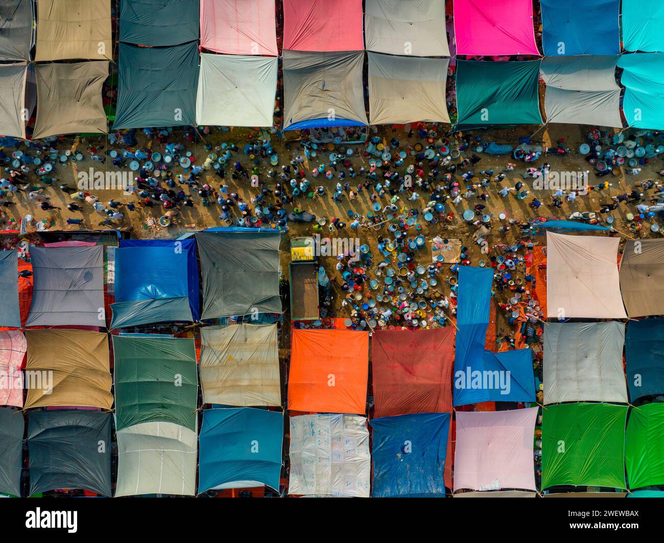 Aerial view of local market colourful tents at Minar Moshjid Tabling ...
