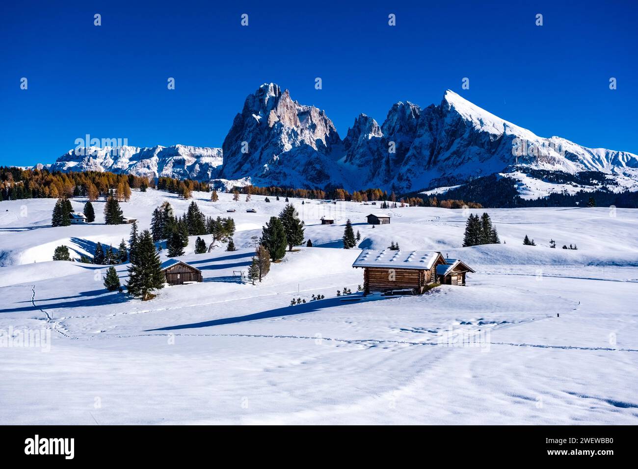 Hilly agricultural countryside with trees, wooden huts and snow-covered ...
