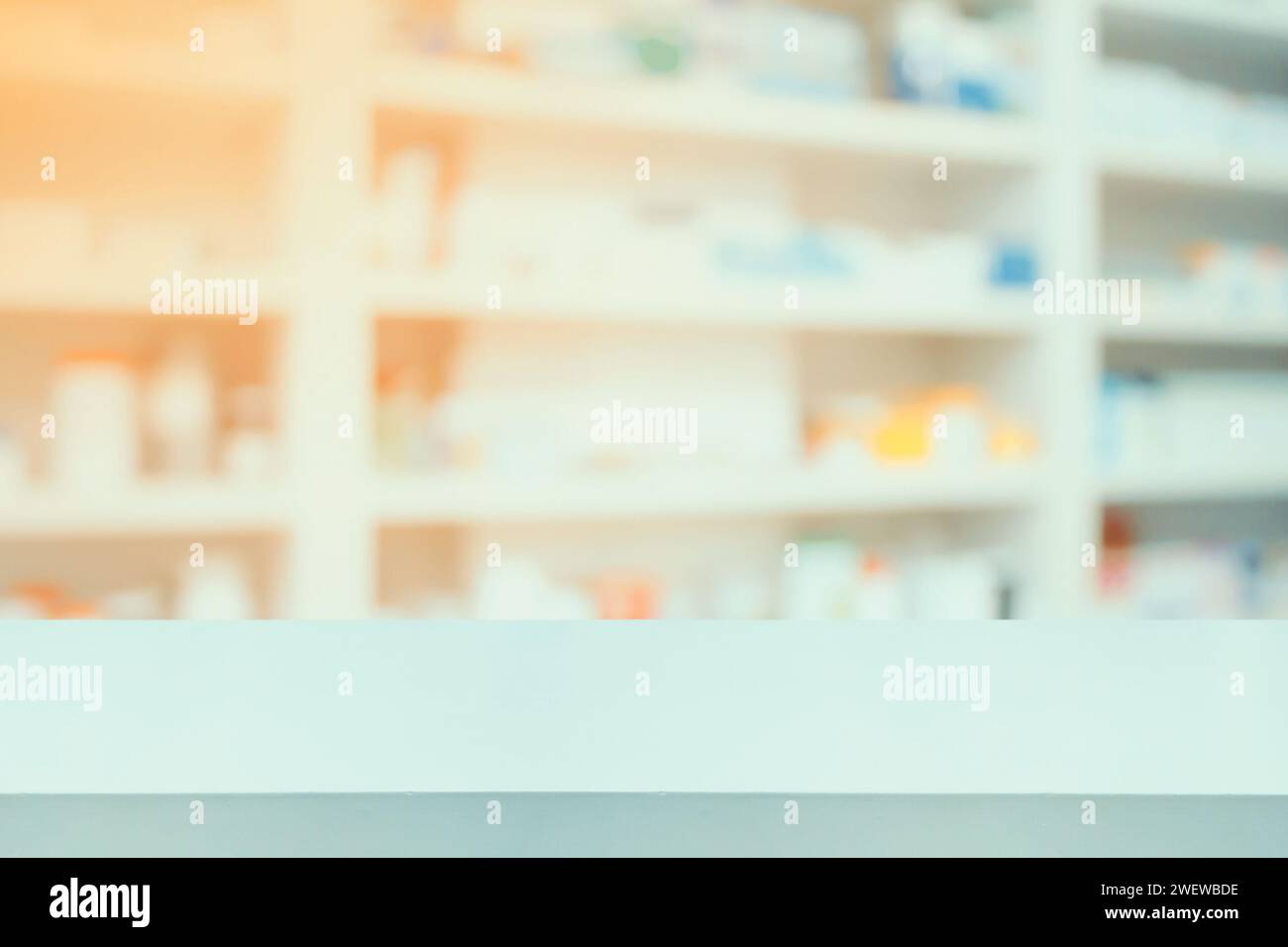 pharmacy counter over blur shelves of drug in the pharmacy drugstore ...
