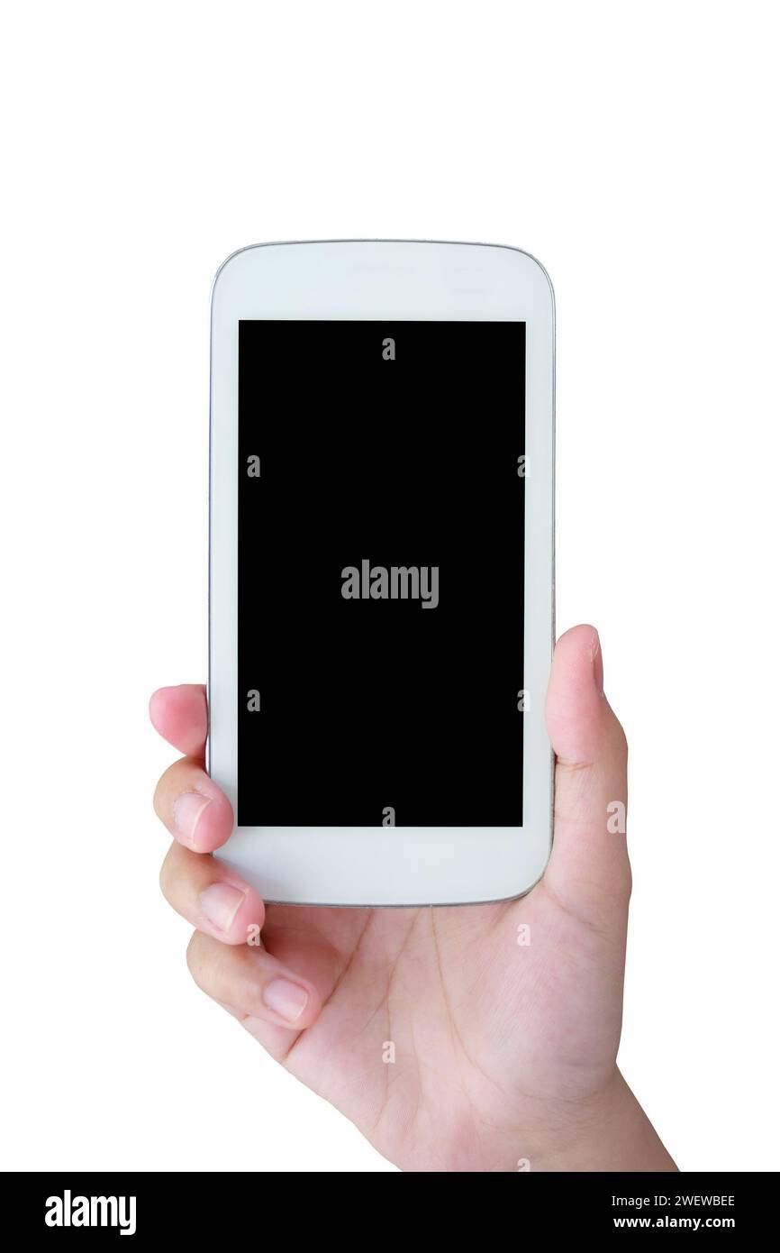 female hand hold mobile phone isolated on white background Stock Photo ...