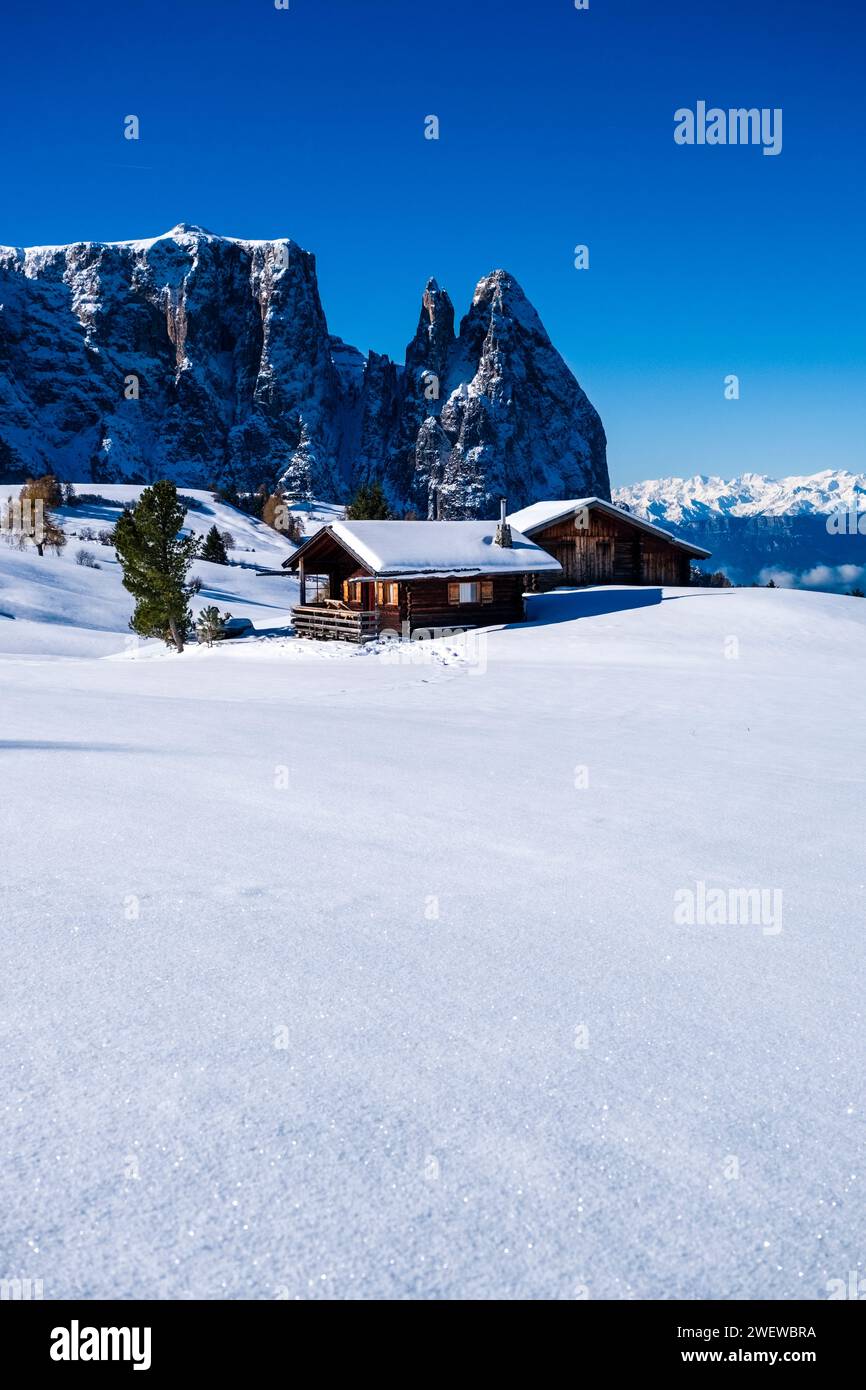 Hilly agricultural countryside with trees, wooden huts and snow-covered ...