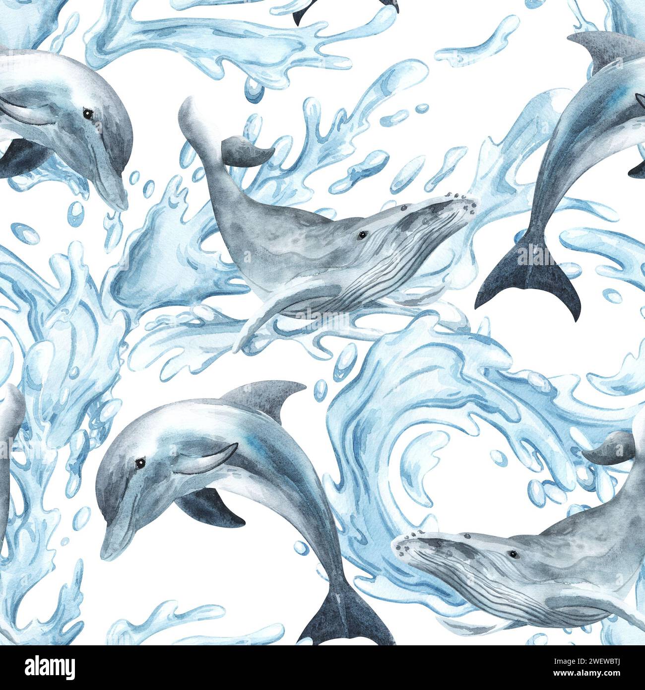 Dolphins and Whales watercolor, nature background, seamless pattern ...