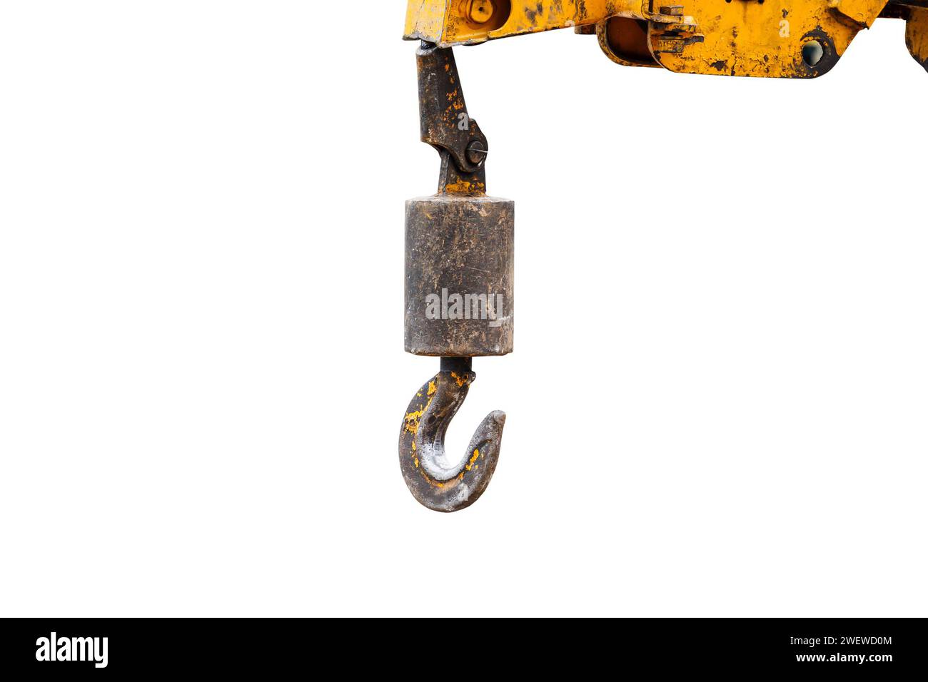 old cranes hooks hanging isolated on white background Stock Photo - Alamy