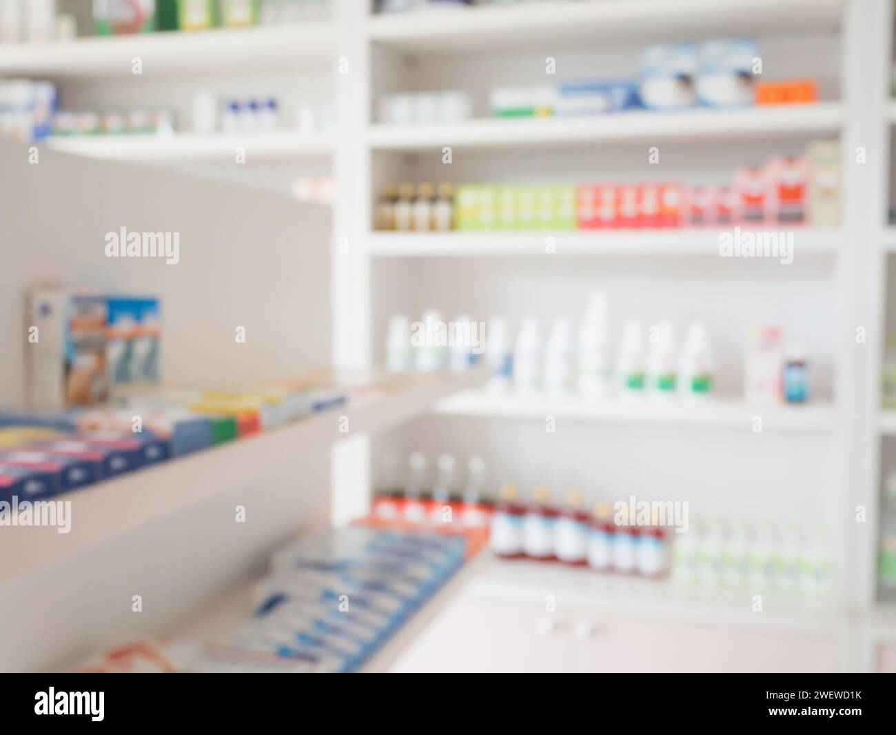 Pharmacy store shelves interior with blurred background Stock Photo - Alamy