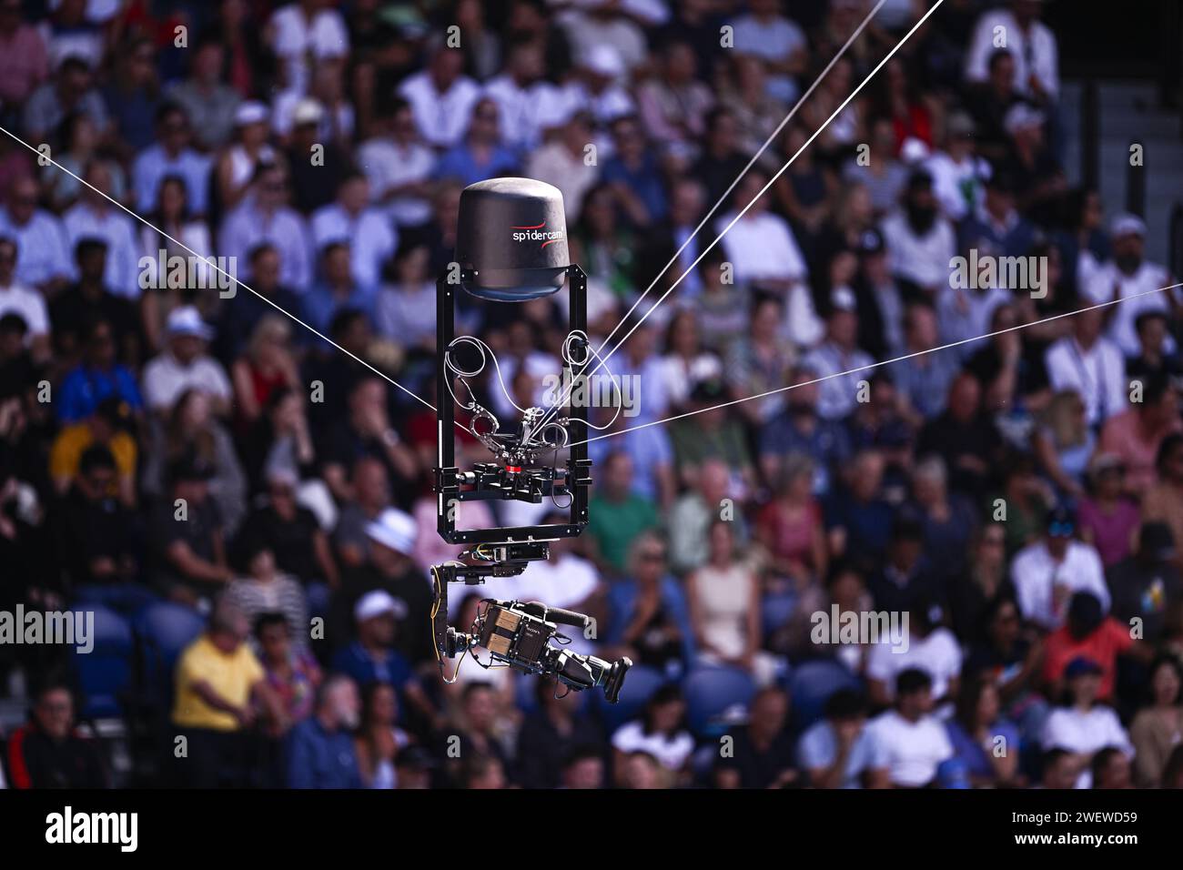 A TV television cable cam spidercam or Spider camera during the ...