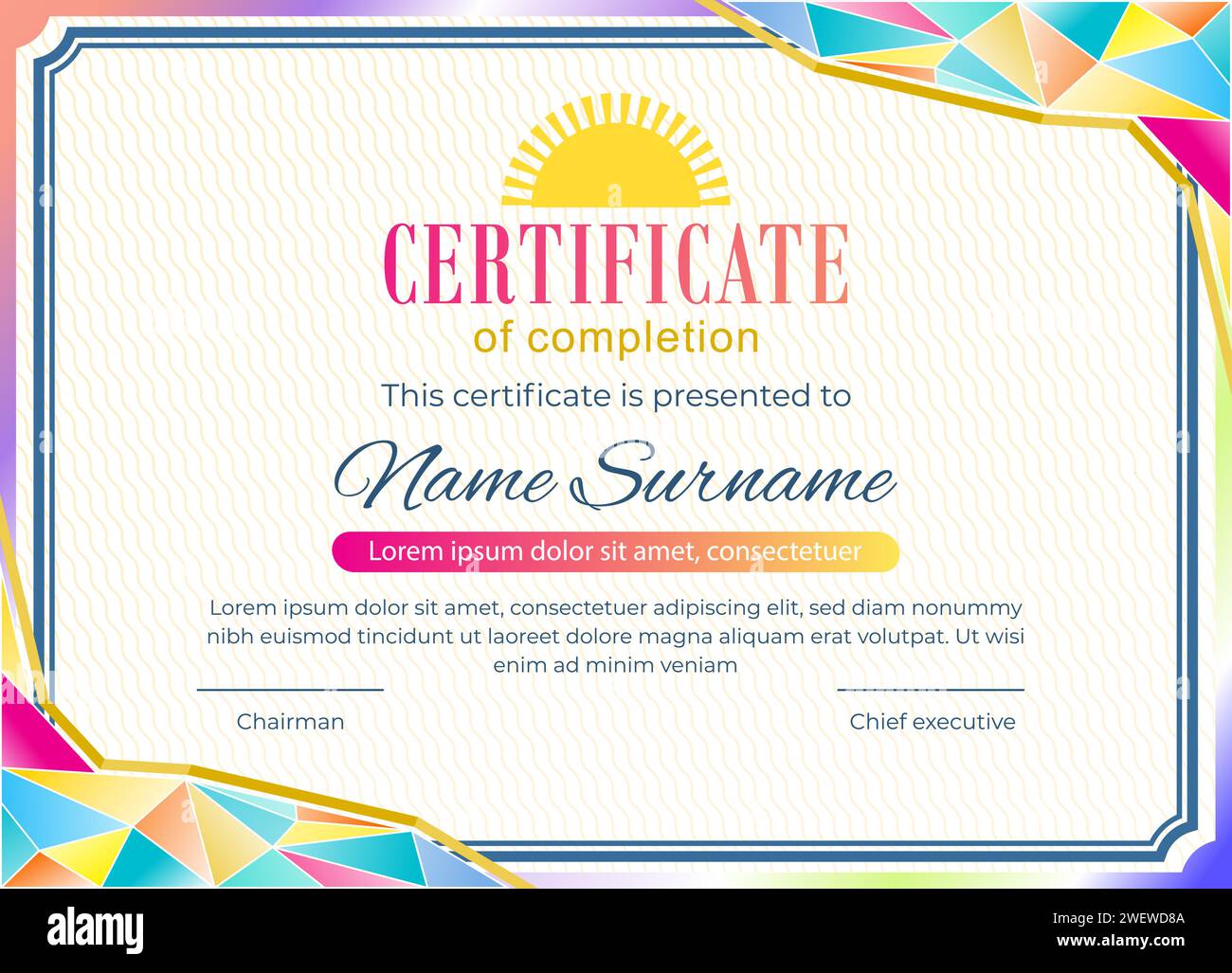 Spring certificate blank. Colorful triangles in corners of blank. Thin ...