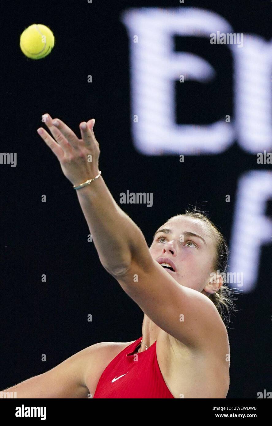 Melbourne, Australia. 27th Jan, 2024. Aryna Sabalenka of Belarus serves during the women's ...